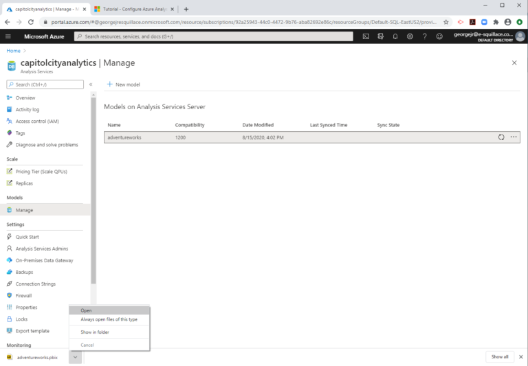 Create & Connect to Azure Analysis Services Instance – e-Squillace
